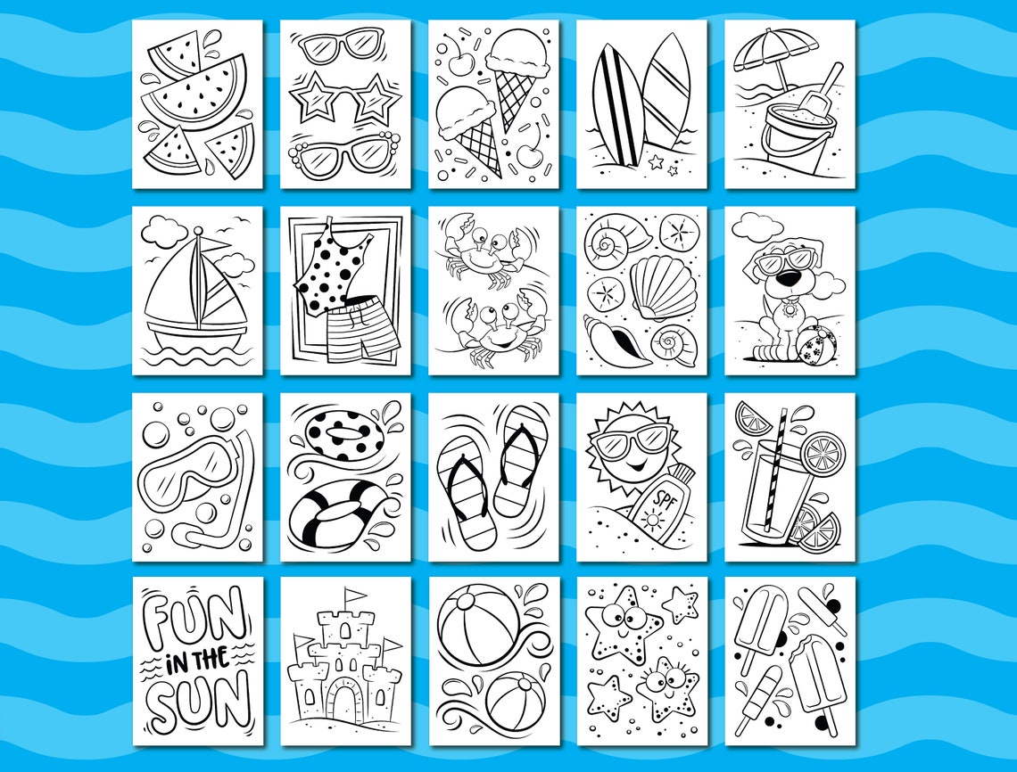 Summer Fun Coloring Page Set Instant Download Pool Party Activity ...