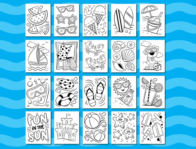 Summer Fun Coloring Page Set Instant Download Pool Party Activity ...