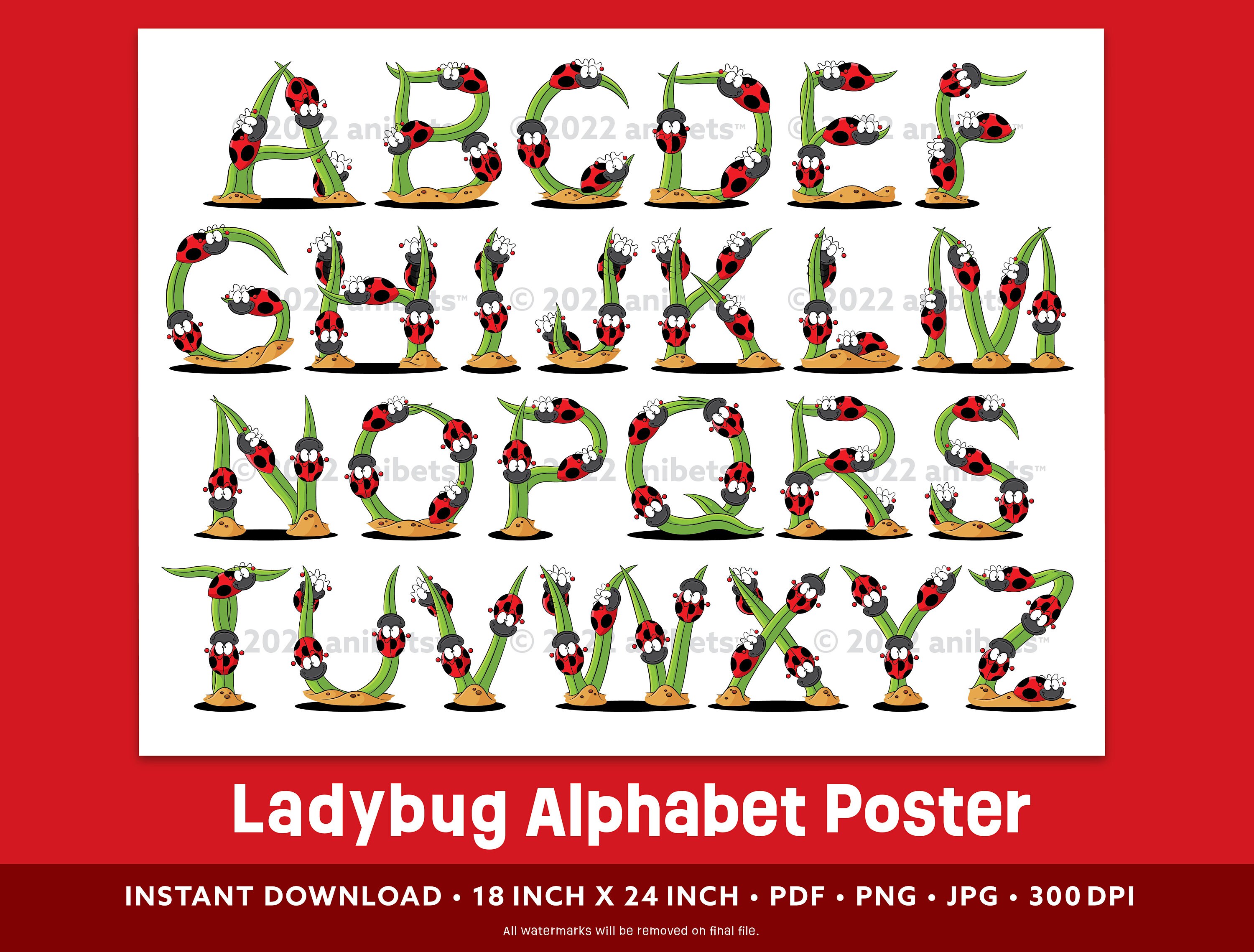 Ladybug Alphabet Poster 18x24 Ladybug Alphabet ABC Wall Art Ladybug ...