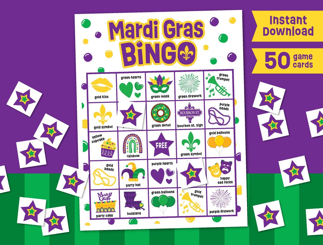 Mardi Gras Bingo Game Printable - Fat Tuesday Party Games - Instant ...