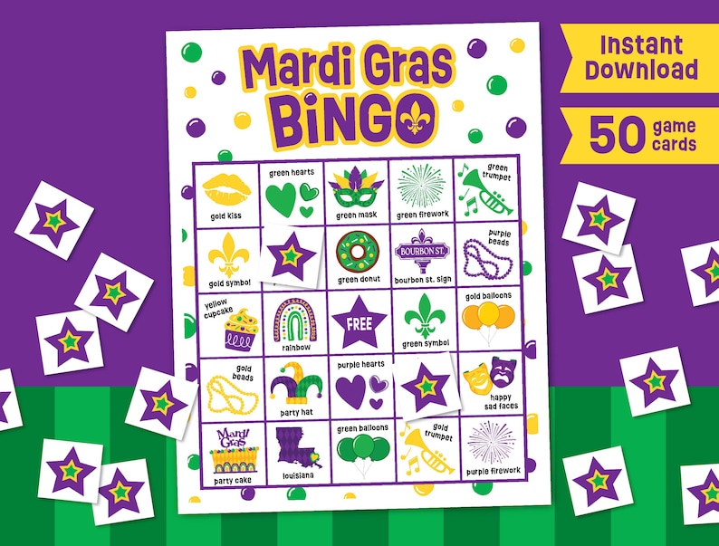 Mardi Gras Bingo Game Printable - Fat Tuesday Party Games - Instant ...