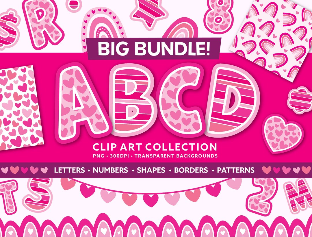 Heart Alphabet Clipart Bundle - Valentine Heart Rainbow Border Pattern ...