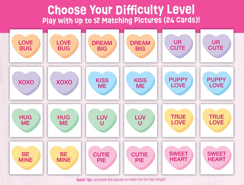 Candy Hearts Memory Match Game - Fun Valentine Printable Game for Kids ...