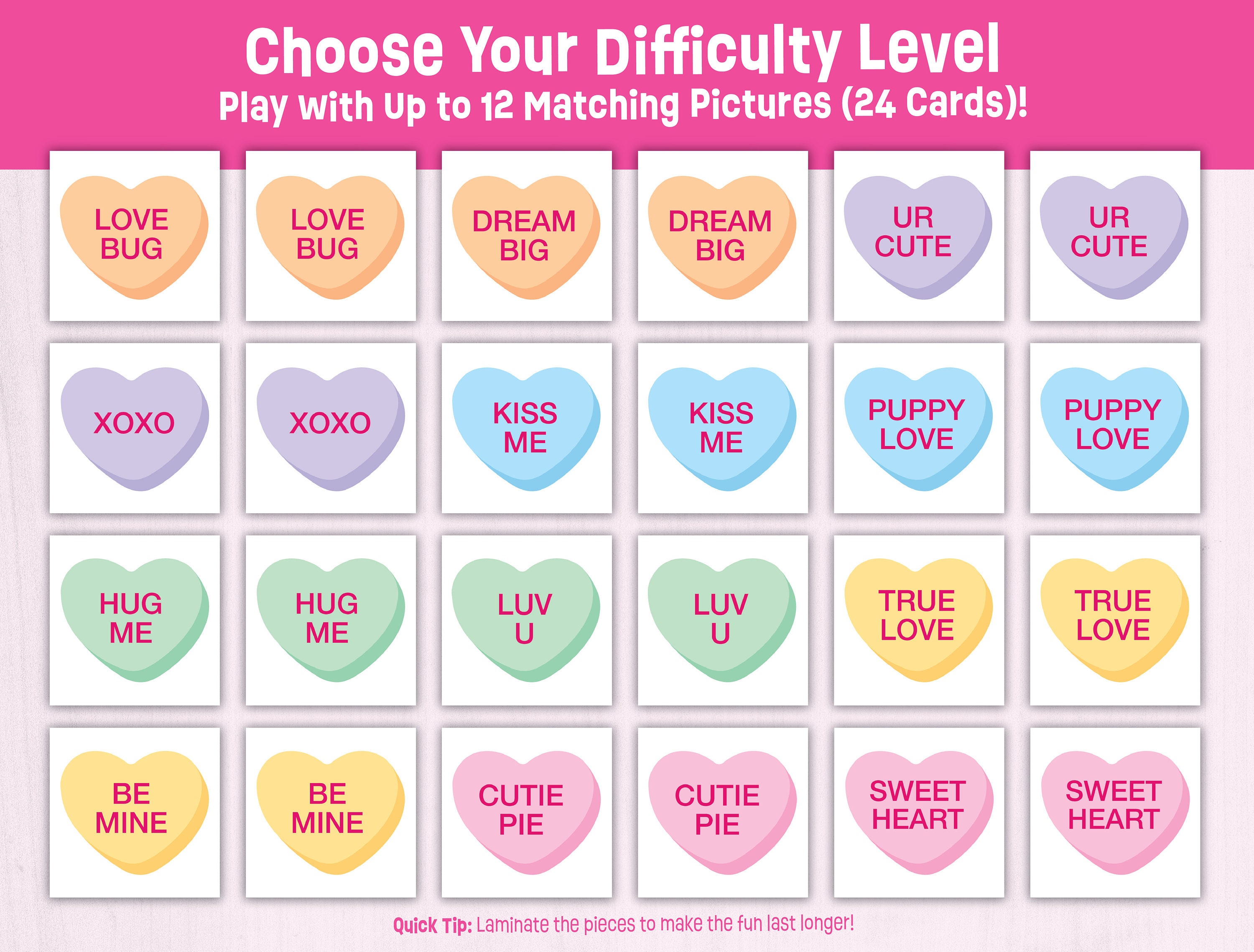 Candy Hearts Memory Match Game - Fun Valentine Printable Game for Kids ...