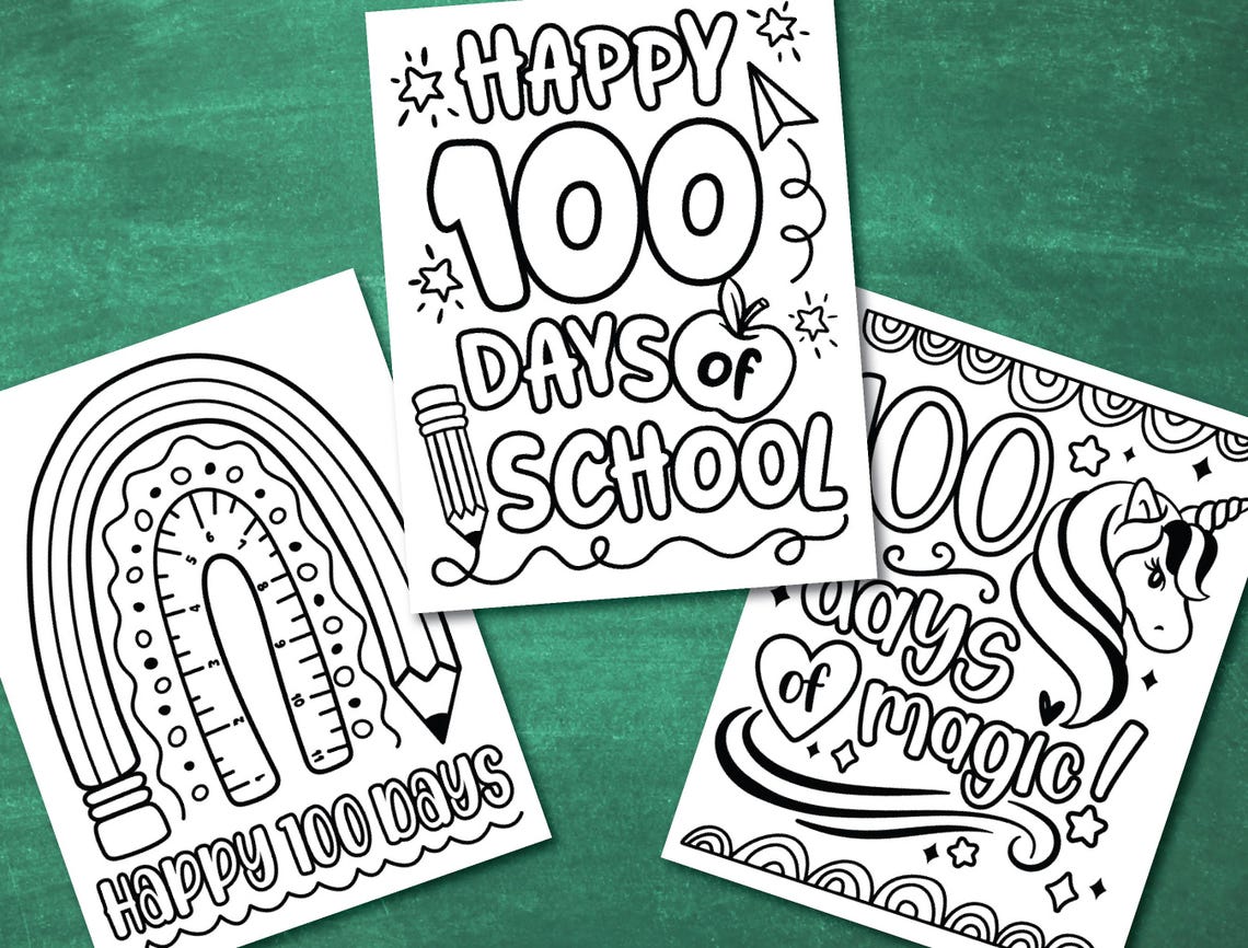 100 Days of School Coloring Page Set - Instant Download - 100 Days ...