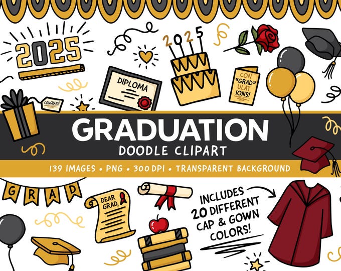 Graduation 2025 Clipart, Set of 15 PNG Bundle, 300 DPI Watercolor Clip ...