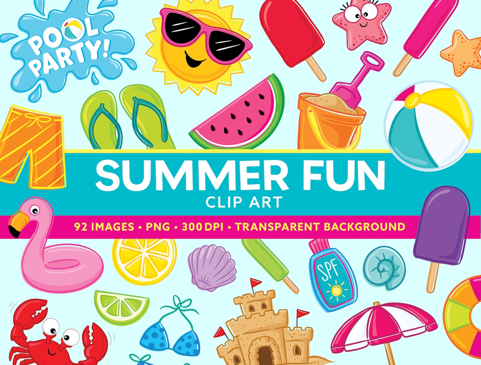Summer Beach Clipart - Pool Party Clip Art - Beach Party Clipart - Cute ...
