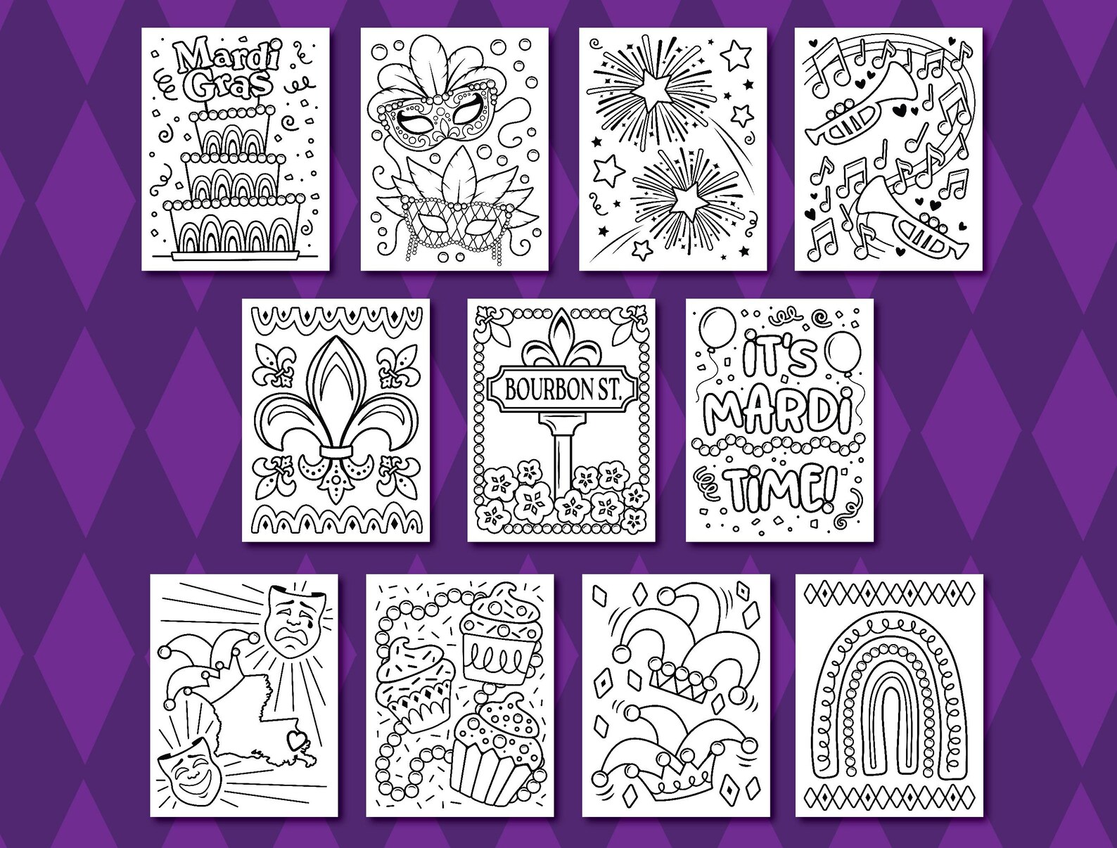 Mardi Gras Coloring Page Set - Instant Download Printable Mardi Gras ...