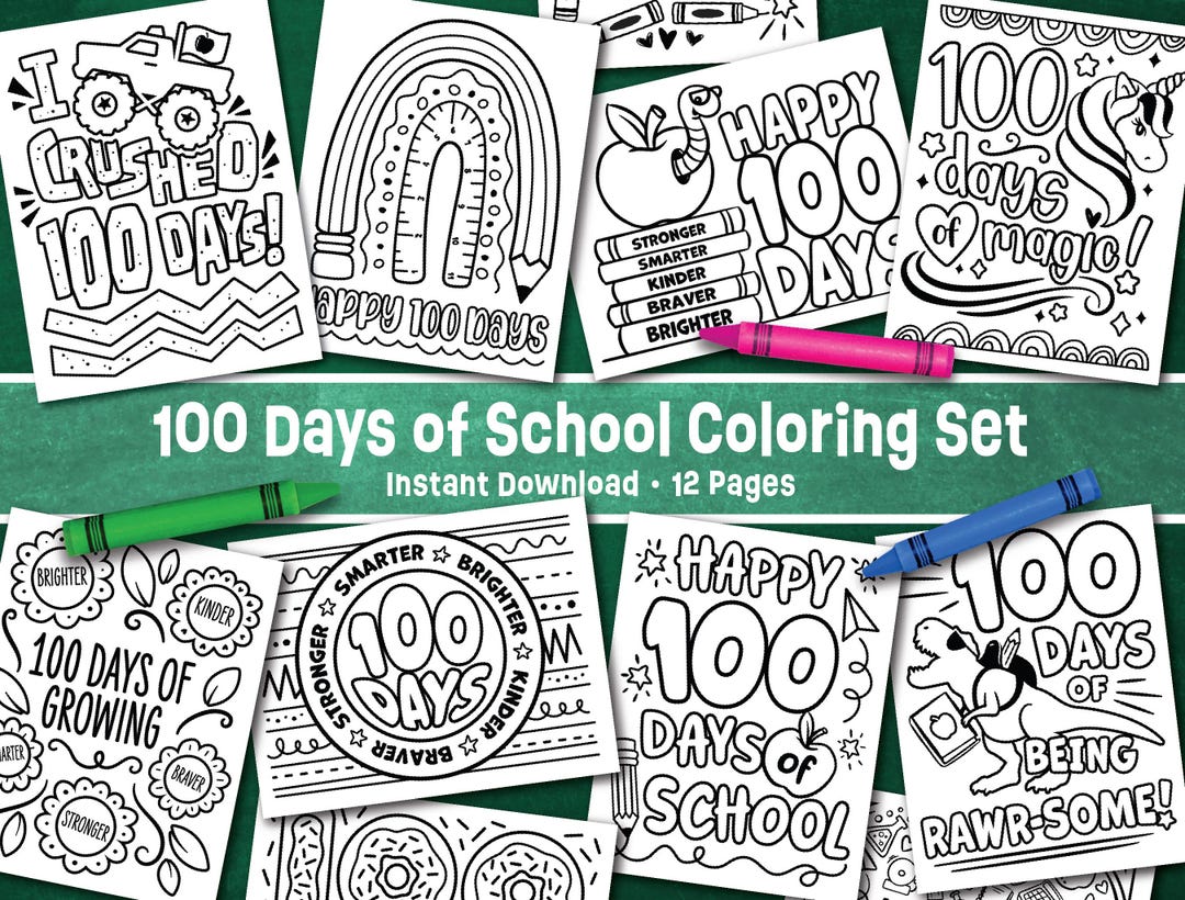 100 Days of School Coloring Page Set - Instant Download - 100 Days ...