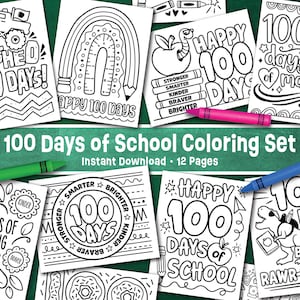 100 Days of School Coloring Page Set - Instant Download - 100 Days ...