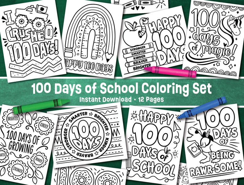 100 Days of School Coloring Page Set - Instant Download - 100 Days ...
