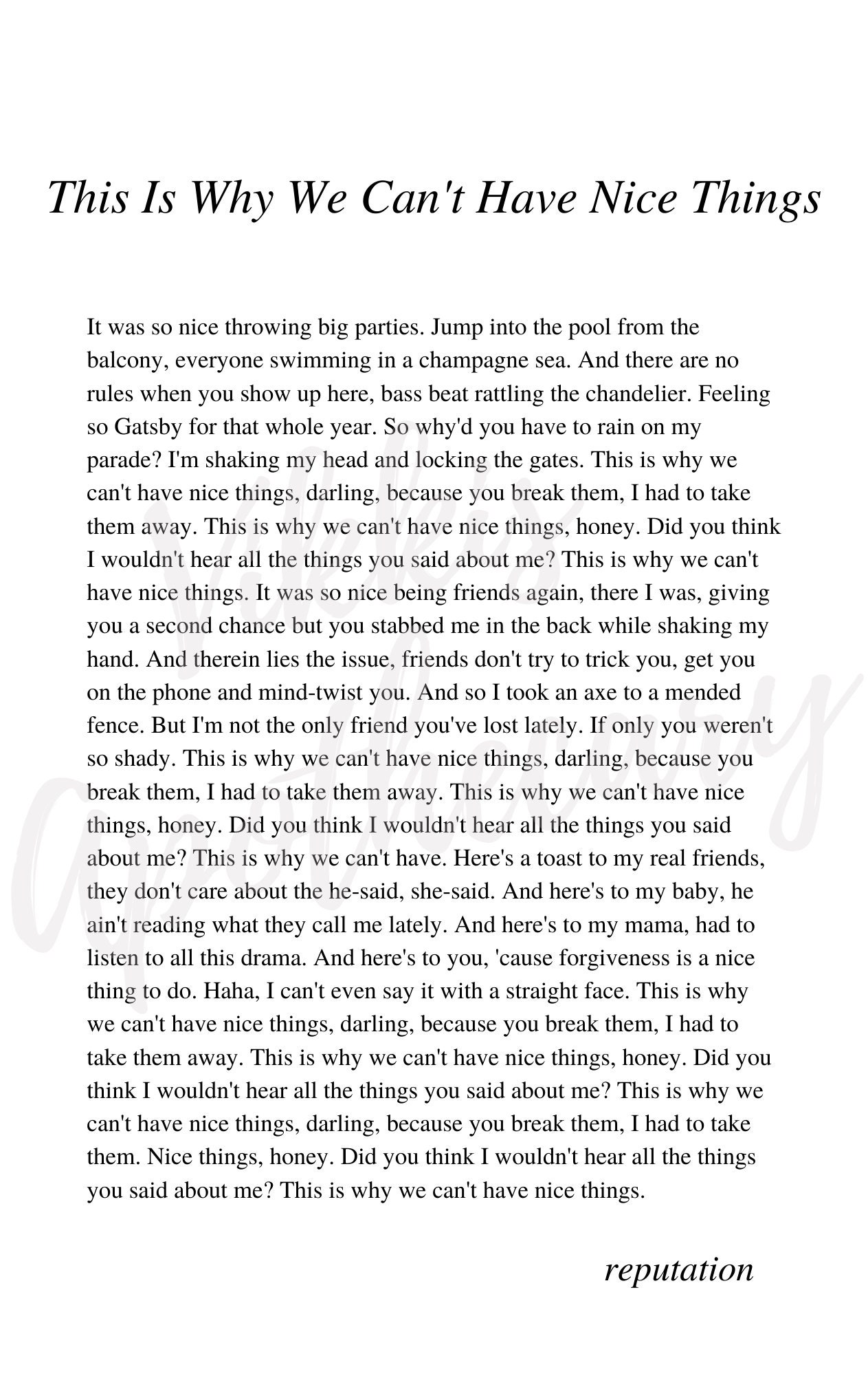 Taylor Swift Reputation Album Lyric Prints - Etsy