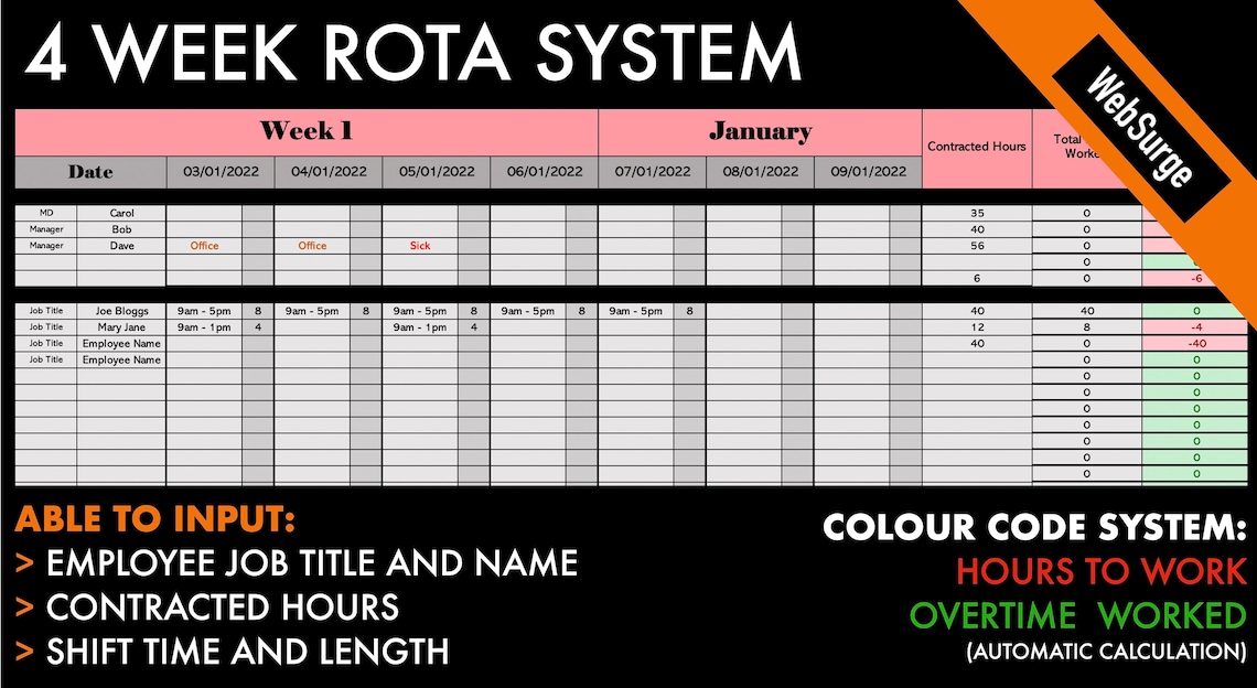 4 Week Rota System | Excel Spreadsheet | Automatic Calculations | Instant Download | 2022 - Etsy