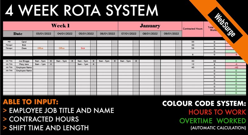 4 Week Rota System | Excel Spreadsheet | Automatic Calculations ...