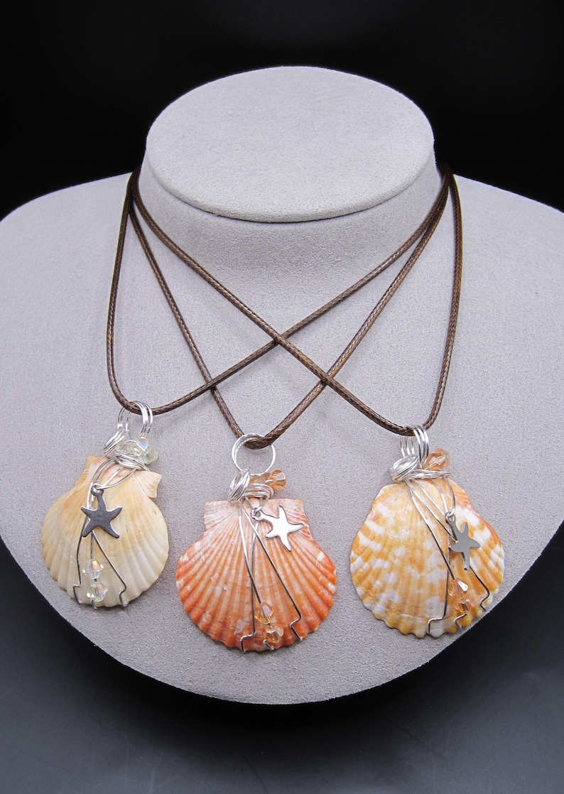 Scallop Seashell mini Yellow/orange Wire-wrapped Pendant Necklace With ...