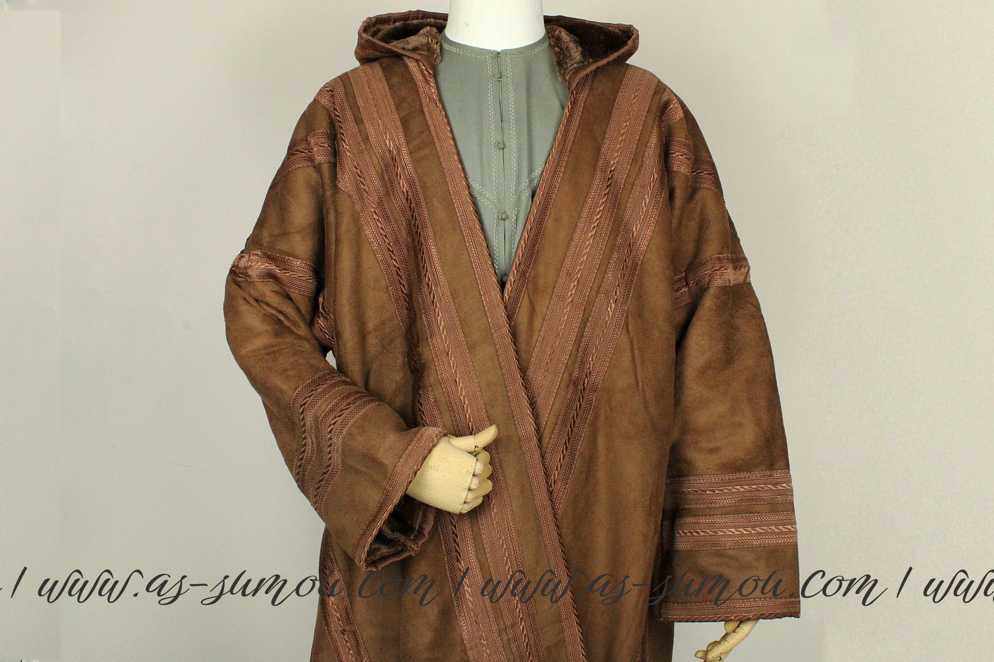 Brown Mens Farwa With Hoodie Bisht Arabian Coat Fur Lined Warm Winter ...
