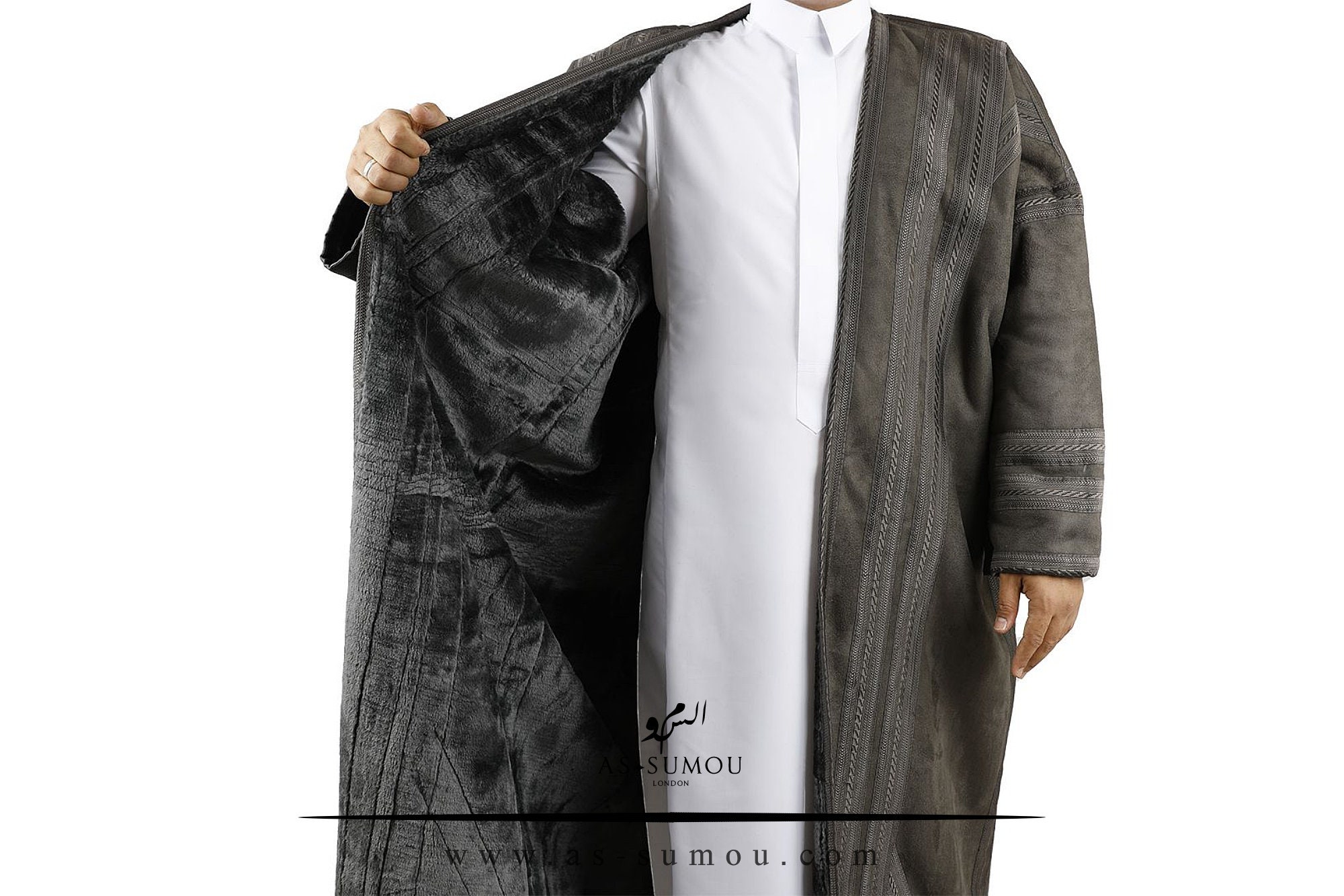 Grey Mens Farwa Bisht Arabian Coat Fur Lined Warm Winter Coat Arabic ...