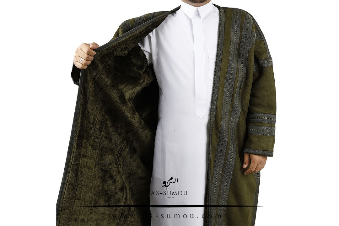 Olive Green Colour Mens Farwa Bisht Arabian Coat Fur Lined Warm Winter ...
