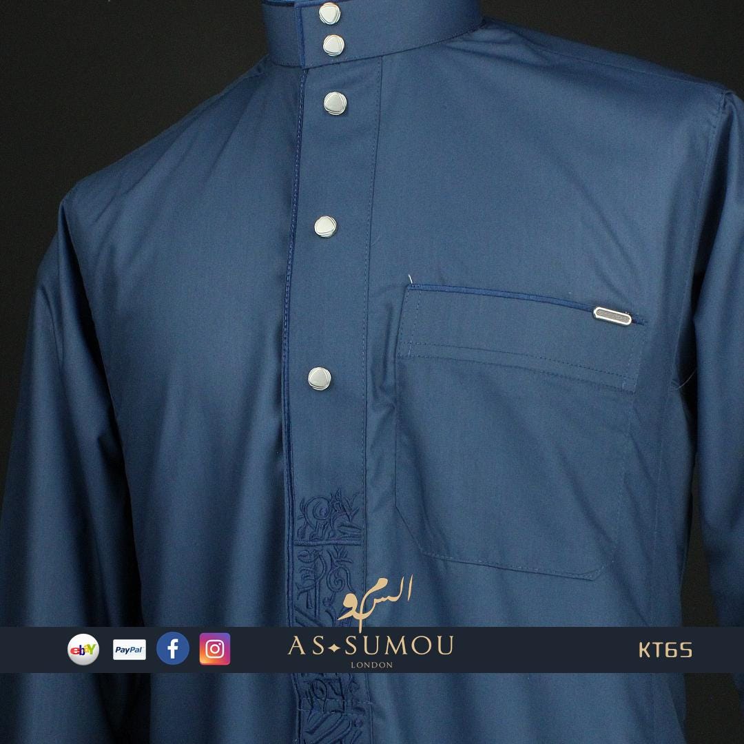 High Quality BLUE Khaleeji Thobe, Elegant Embroidery, Qatari Style ...