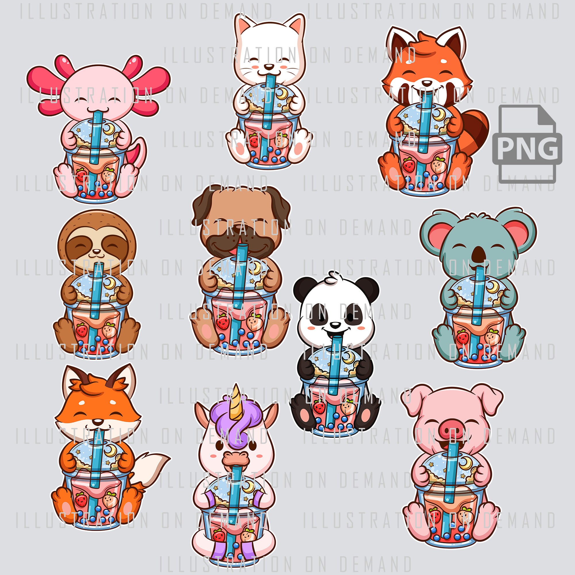 Bubble Tea Animal Bundle PNG Boba Kawaii Design Cute - Etsy