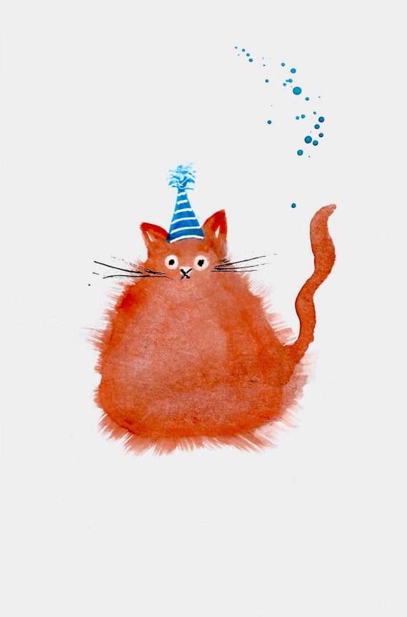 Whimsical Watercolor Art Orange Cat Birthday Cards Stationery - Etsy
