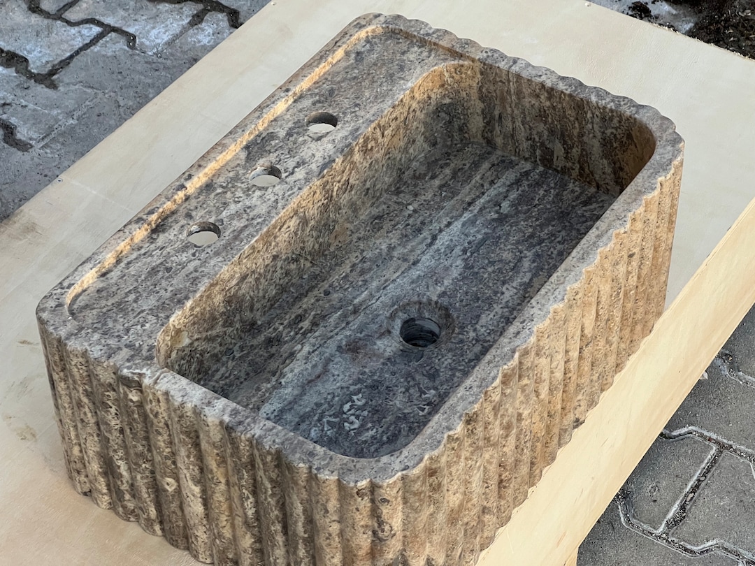 Silver Travertine Marble Sink, Grooved Front, Wall Sink , Hand Carved ...