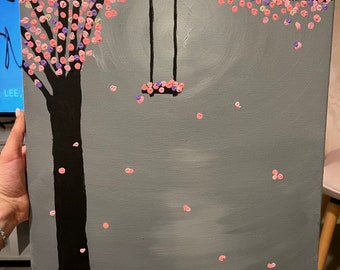 Pink Flower Tree Painting Art Print, Mixed Media Collage Tree Painting ...