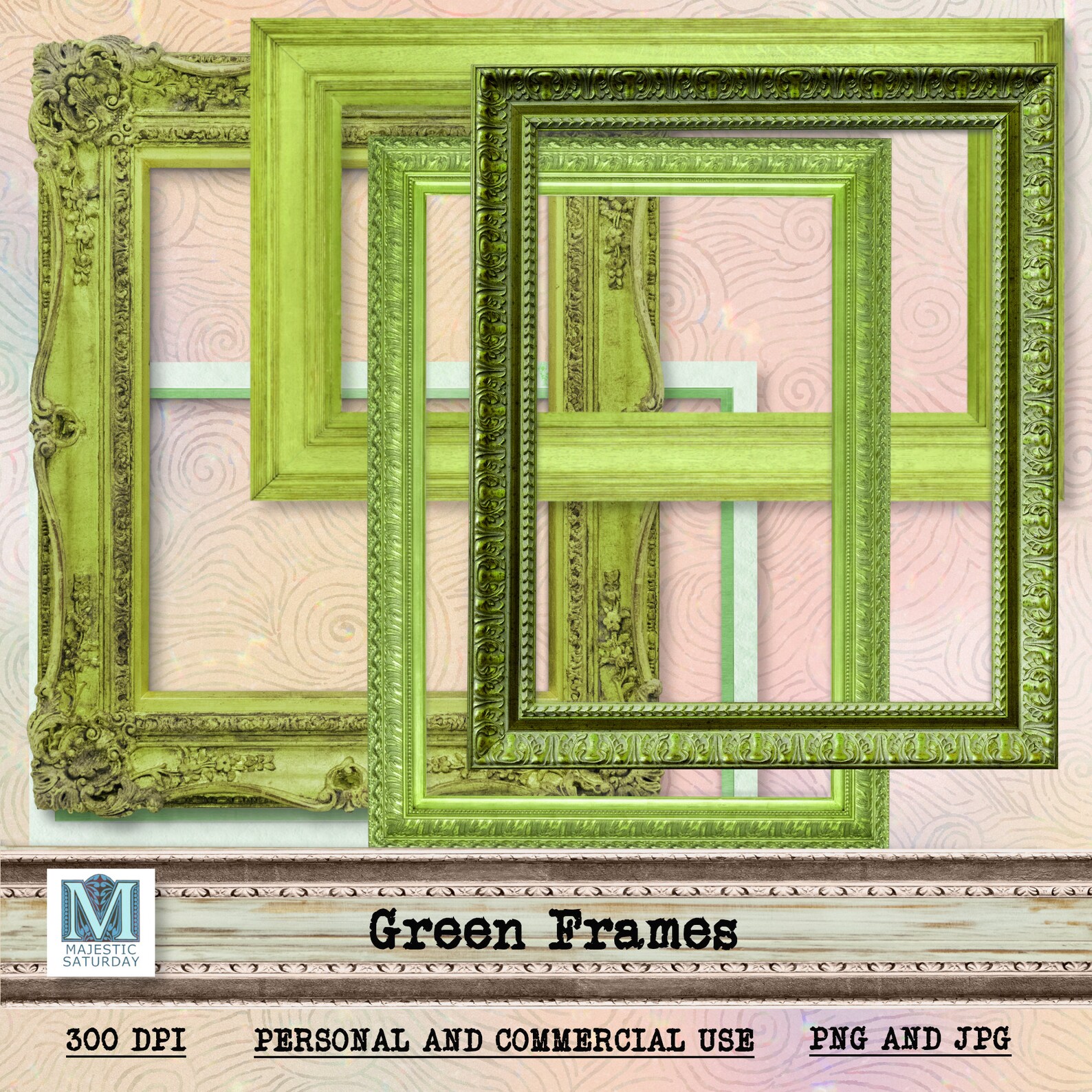 Green Frames, Digital Collage Sheet, JPG and PNG Printable, Instant ...
