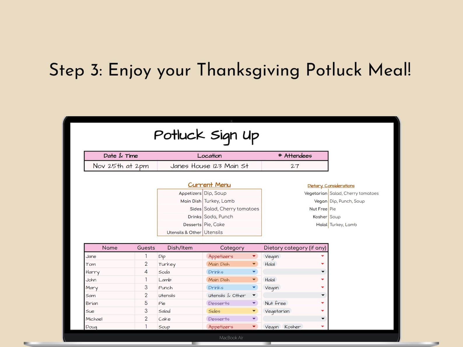 Potluck Signup Spreadsheet, Google Sheets, Friendsgiving, Thanksgiving ...