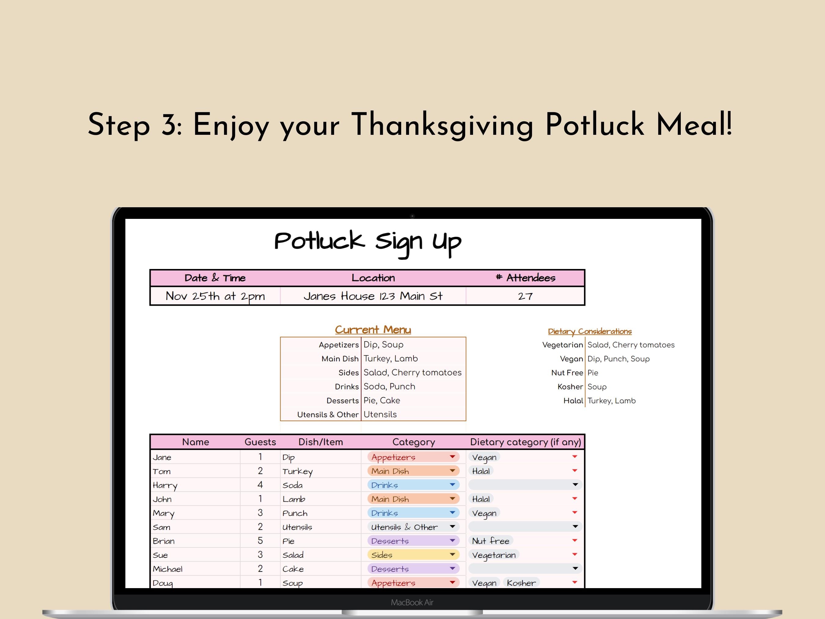 Potluck Signup Spreadsheet, Google Sheets, Friendsgiving, Thanksgiving Planner, Potluck Sign Up ...