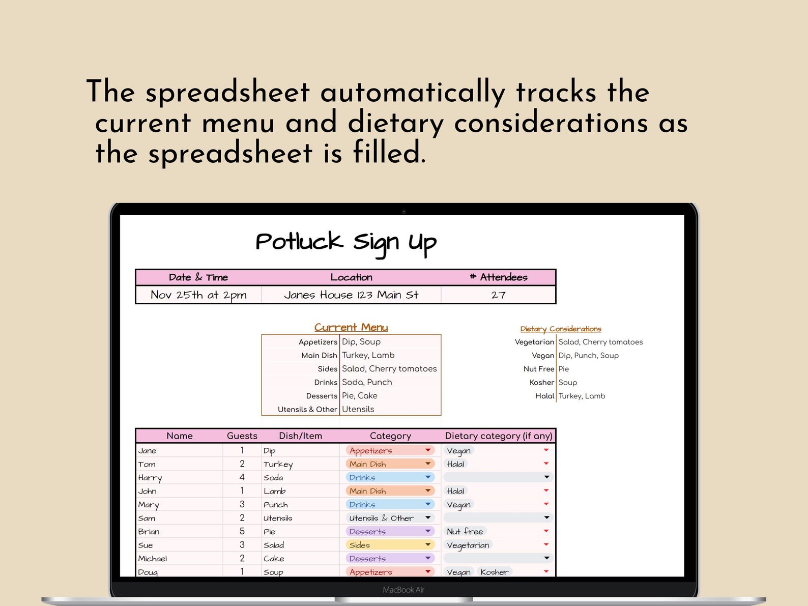 Potluck Signup Spreadsheet, Google Sheets, Friendsgiving, Thanksgiving ...