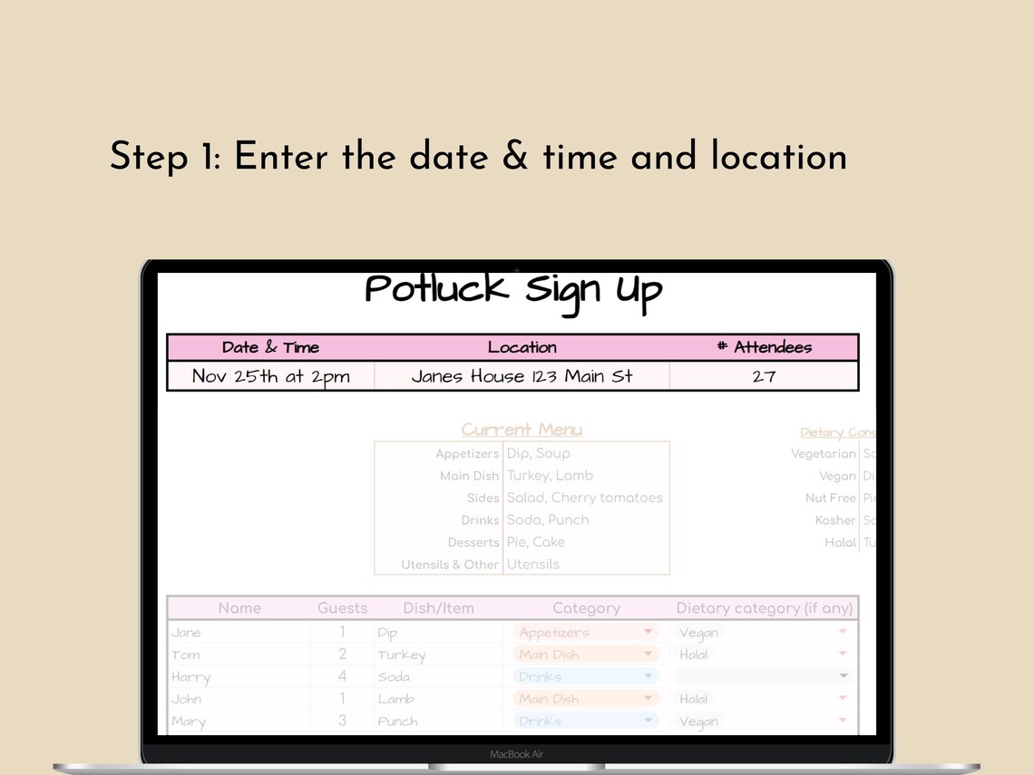 Potluck Sign-up Spreadsheet, Thanksgiving Planner (google Sheets ...
