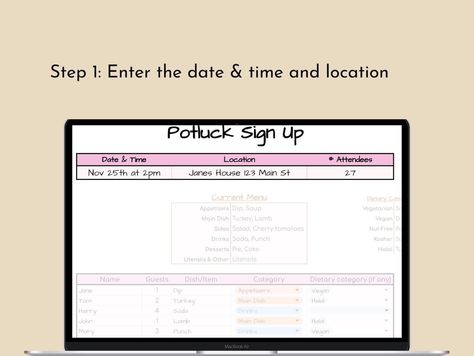 Potluck Signup Spreadsheet, Google Sheets, Friendsgiving, Thanksgiving Planner, Potluck Sign Up ...