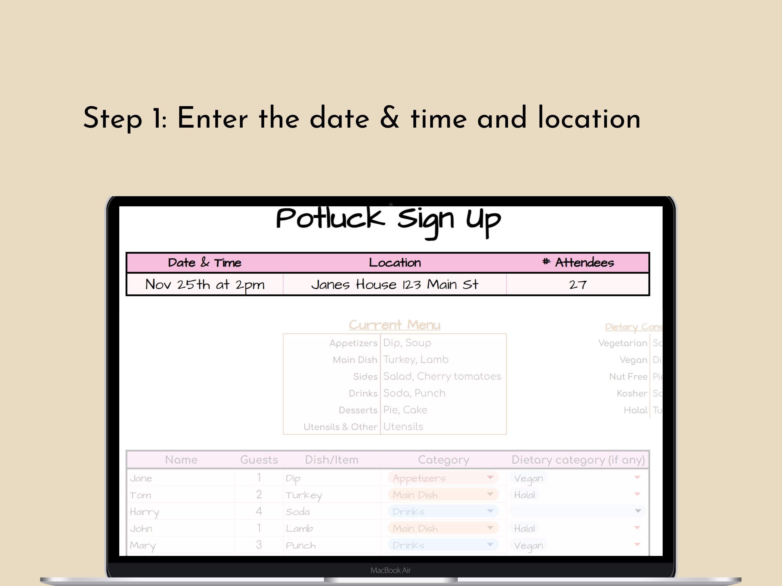 Potluck Signup Spreadsheet, Google Sheets, Friendsgiving, Thanksgiving Planner, Potluck Sign Up ...