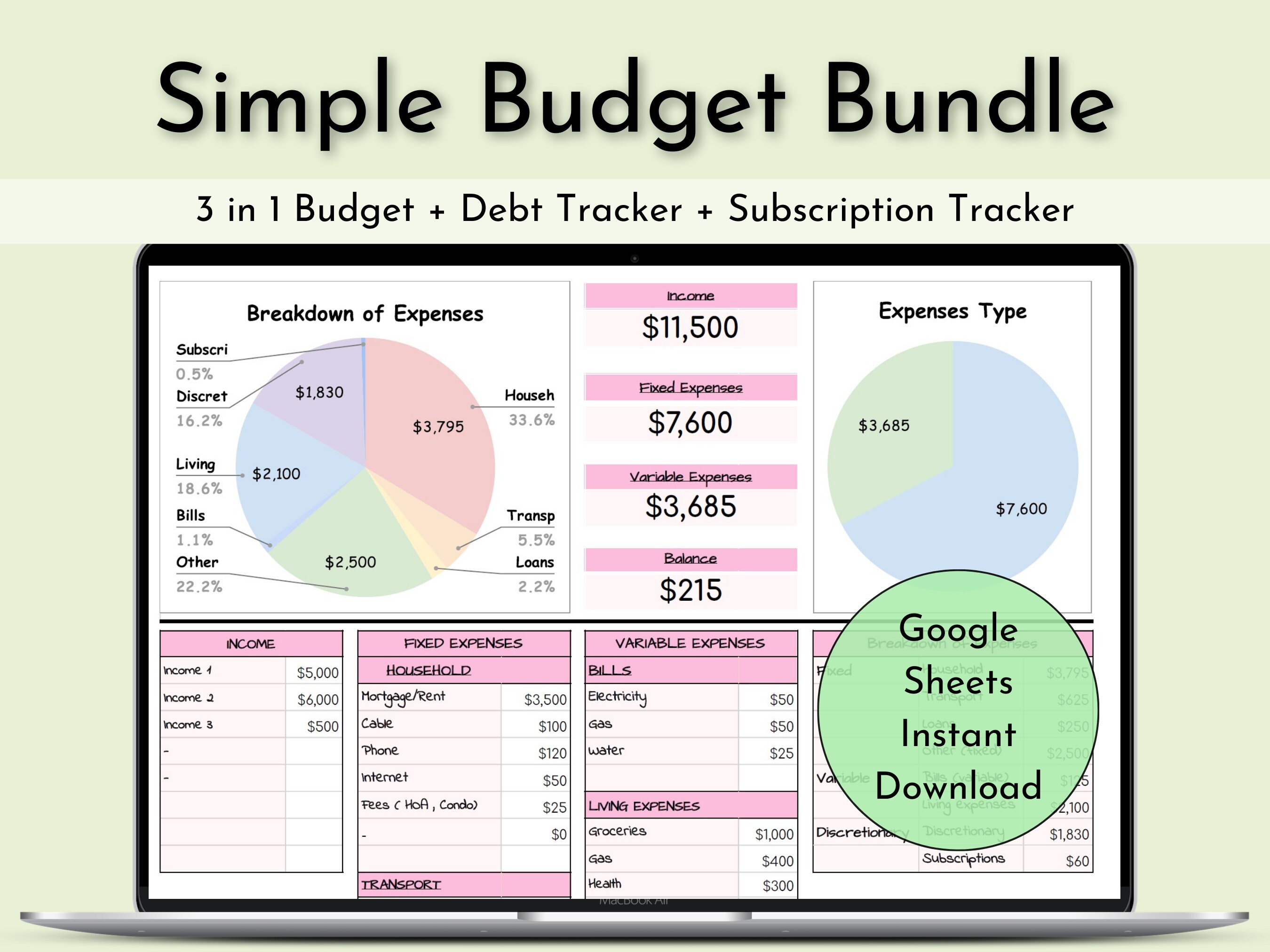 Budget Planner Bundle for Google Sheets, Subscription Tracker, Debt ...