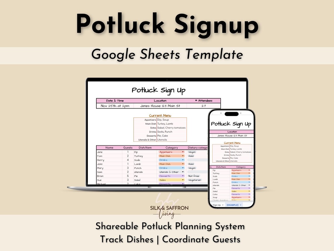 Potluck Sign-up Spreadsheet, Thanksgiving Planner (google Sheets ...