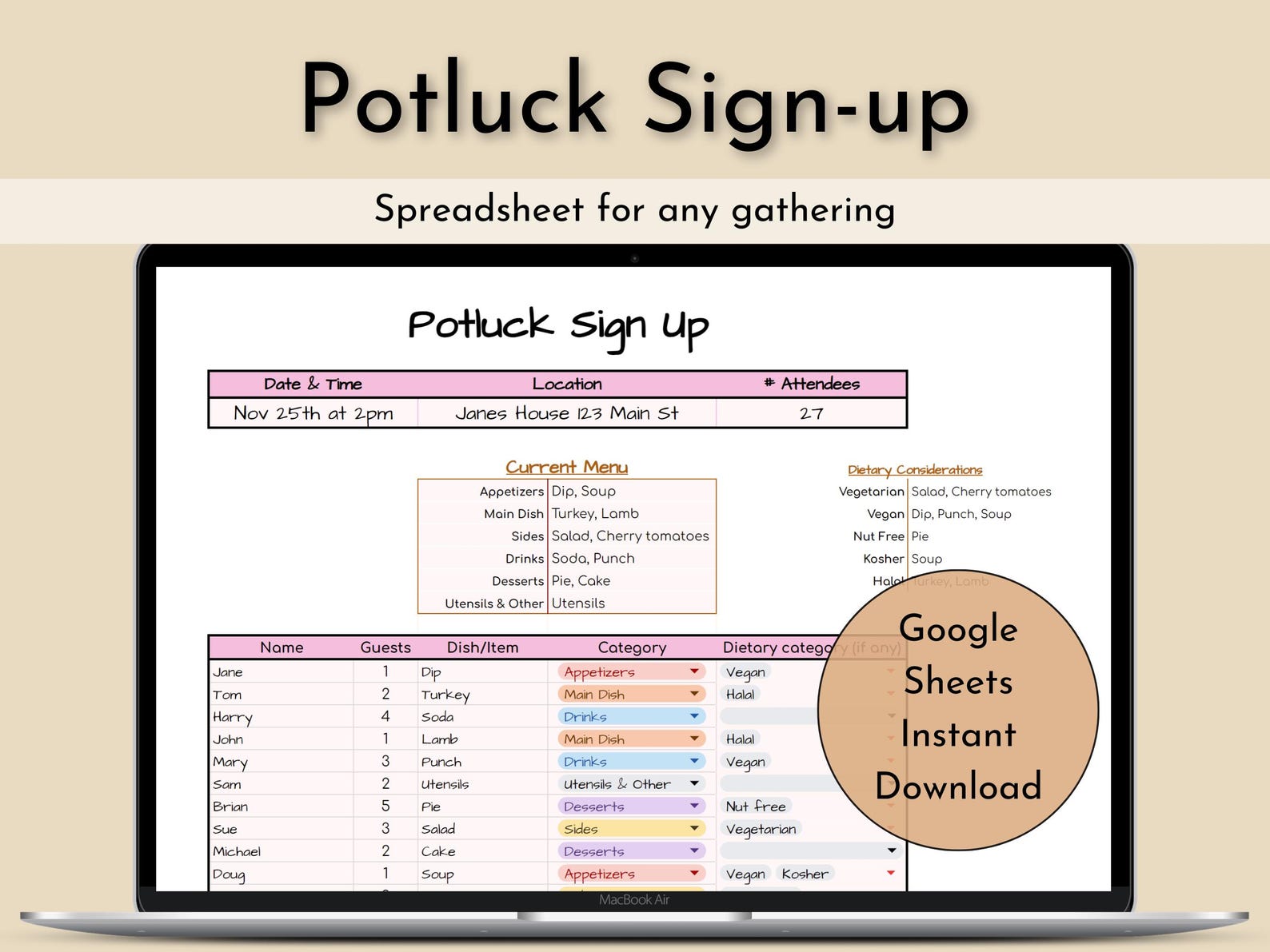 Potluck Signup Spreadsheet, Google Sheets, Friendsgiving, Thanksgiving Planner, Potluck Sign Up ...