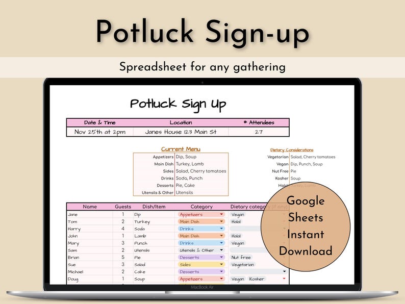 Potluck Signup Spreadsheet, Google Sheets, Friendsgiving, Thanksgiving Planner, Potluck Sign Up ...
