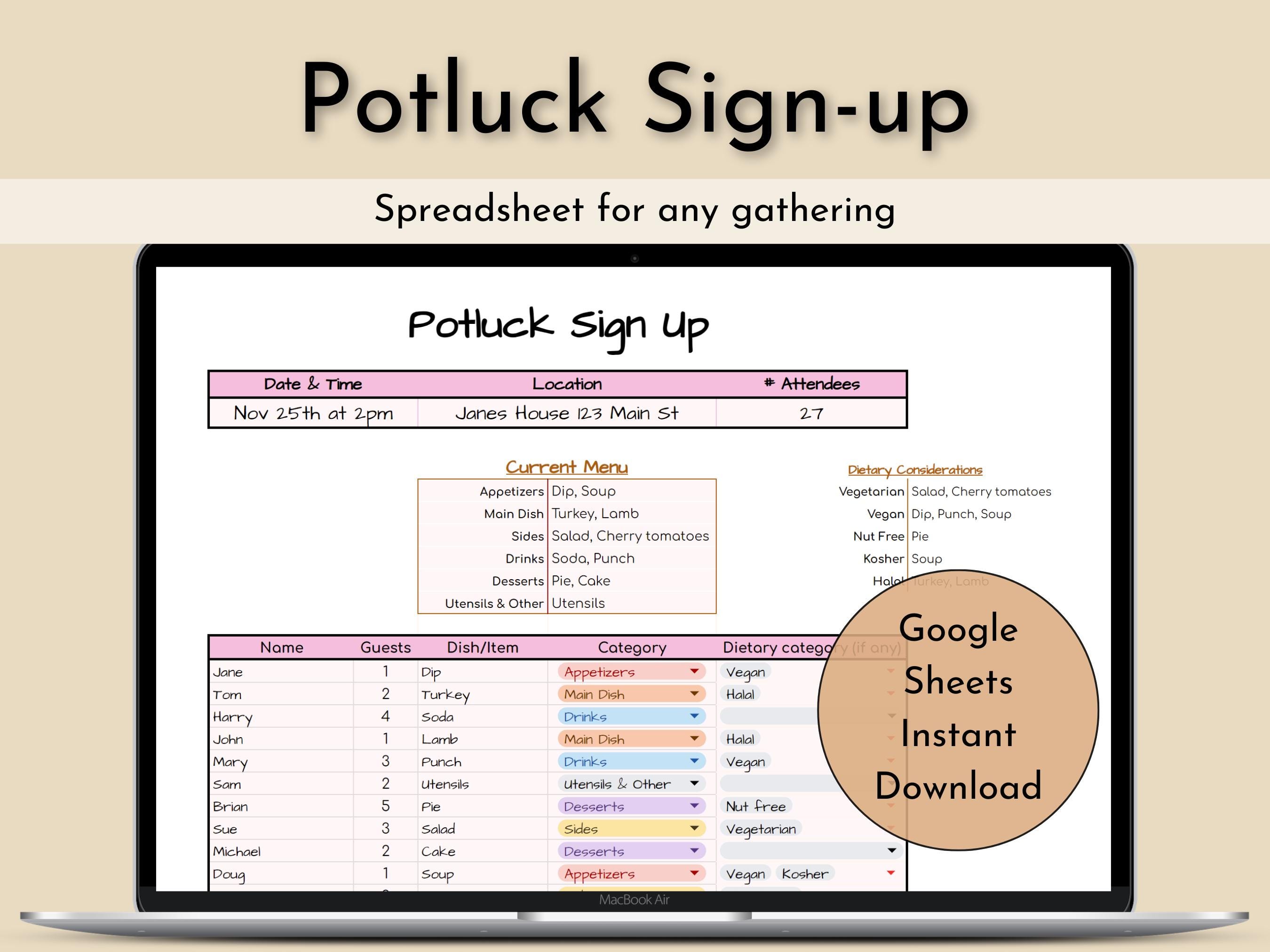 Potluck Signup Spreadsheet, Google Sheets, Friendsgiving, Thanksgiving Planner, Potluck Sign Up ...