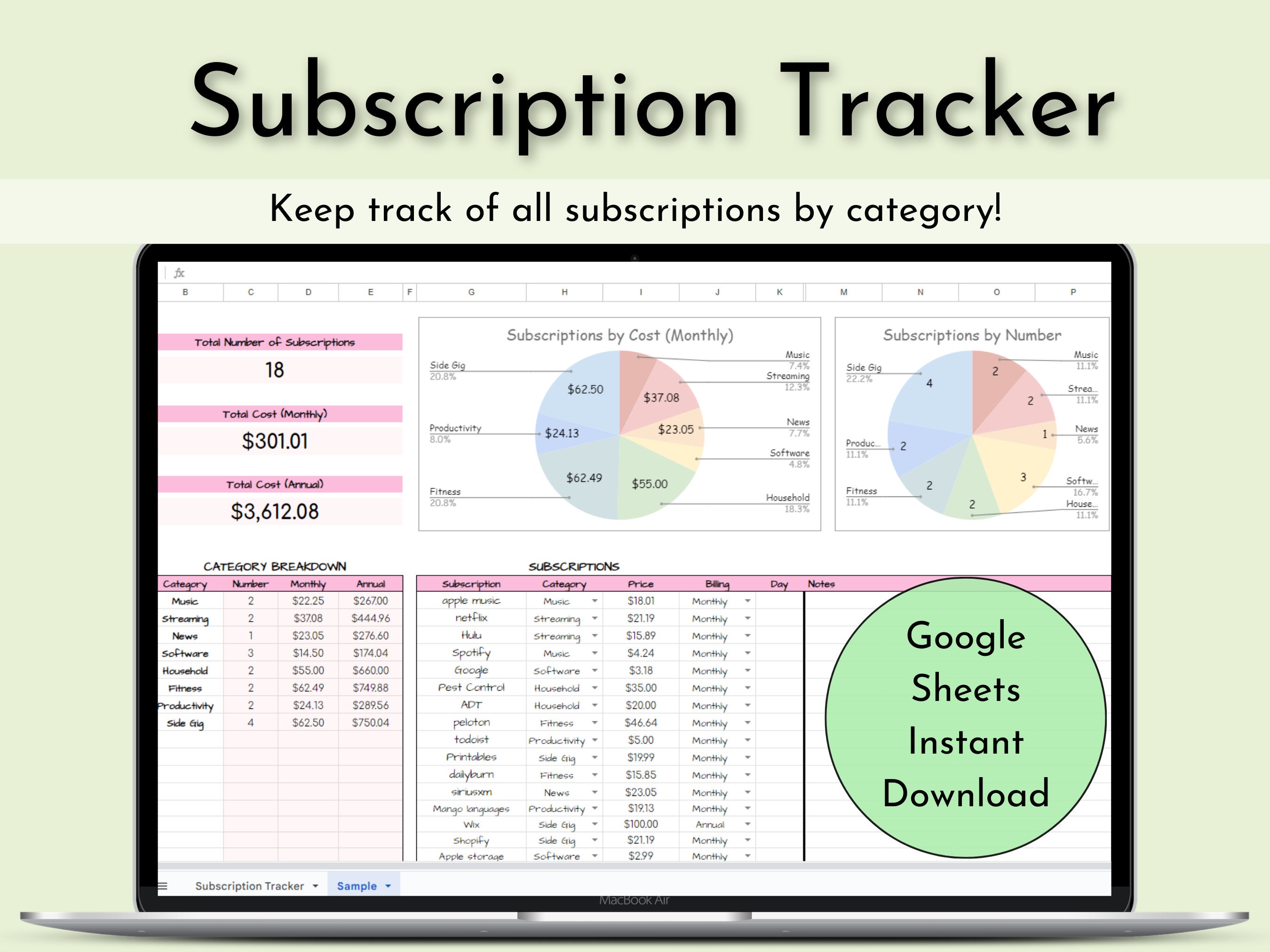 Subscription Tracker Spreadsheet, Bill Tracker Template, Budget Tracker ...