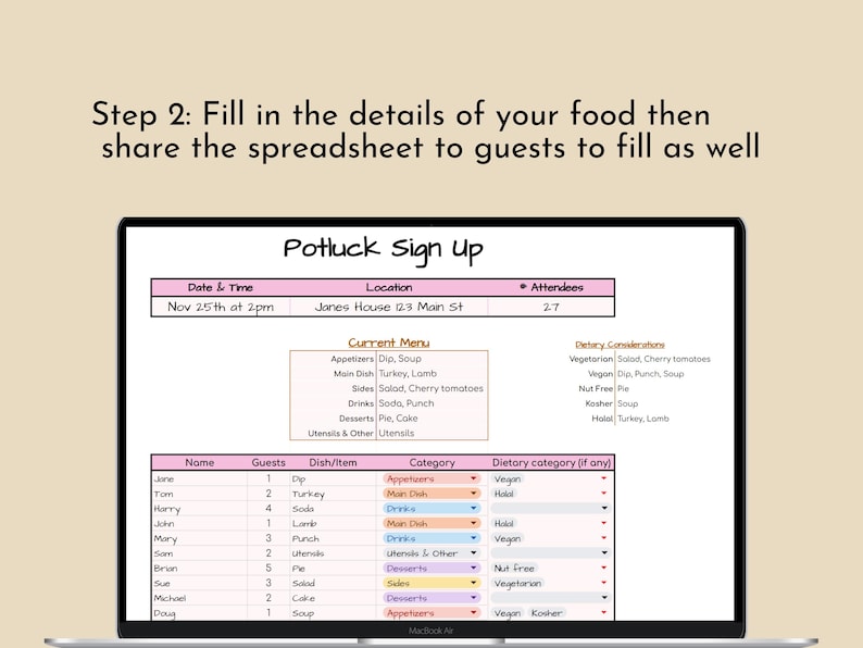 Potluck Signup Spreadsheet, Google Sheets, Friendsgiving, Thanksgiving Planner, Potluck Sign Up ...