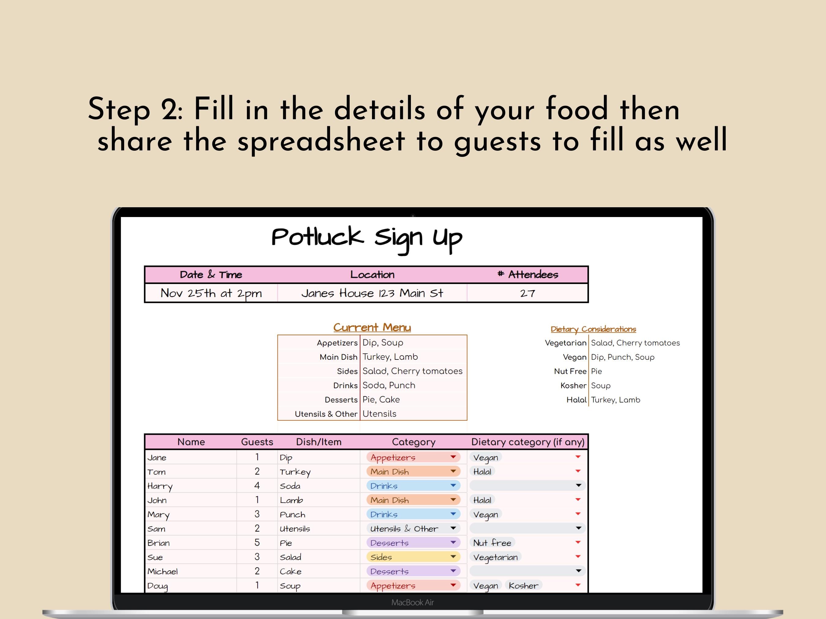 Potluck Signup Spreadsheet, Google Sheets, Friendsgiving, Thanksgiving Planner, Potluck Sign Up ...
