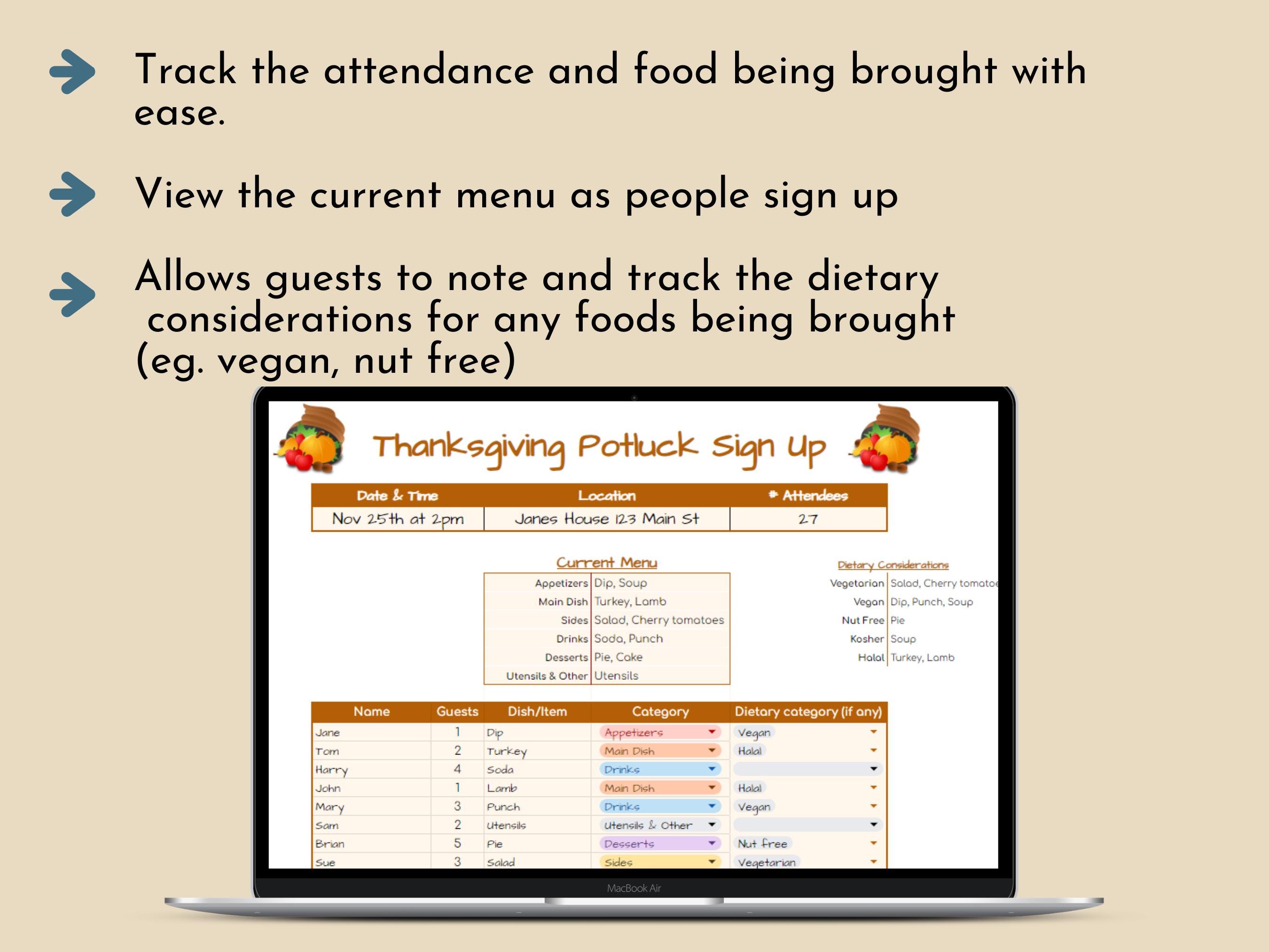 Thanksgiving Potluck Signup Spreadsheet, Google Sheets, Friendsgiving ...