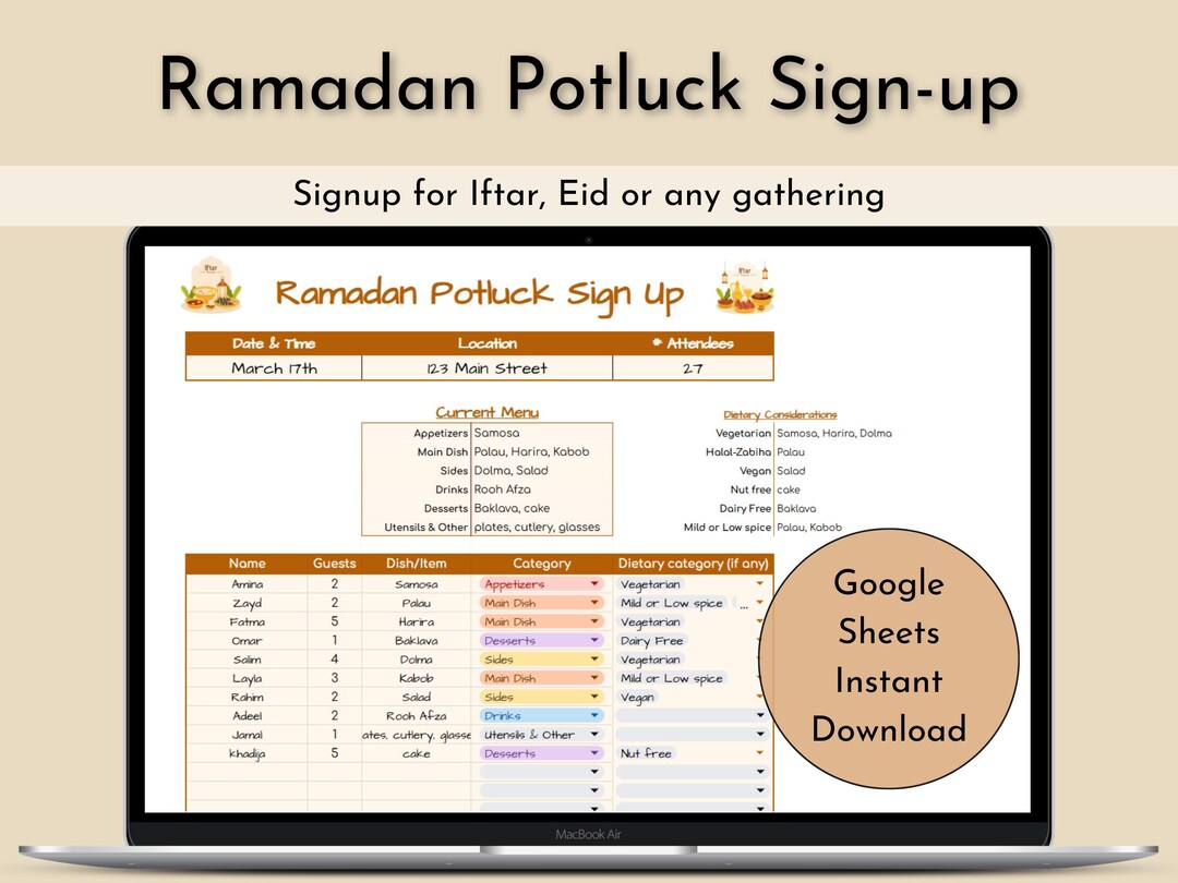 Ramadan Iftar Potluck Signup Spreadsheet, Google Sheets, Eid, Ramadan ...