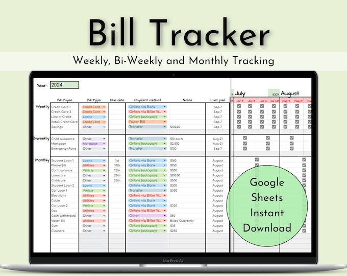 Bill Tracker Spreadsheet, Google Sheets Bill Calendar, Bill Payment ...