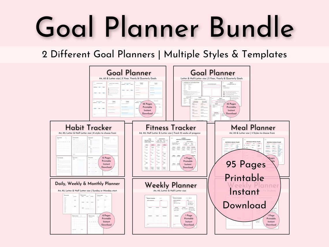 Goal Planner Bundle, Fillable, Printable, Fitness Tracker, Meal Planner ...