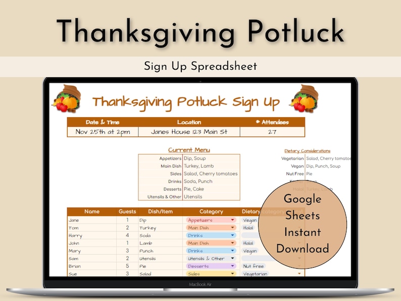 Thanksgiving Potluck Signup Spreadsheet, Google Sheets, Friendsgiving ...