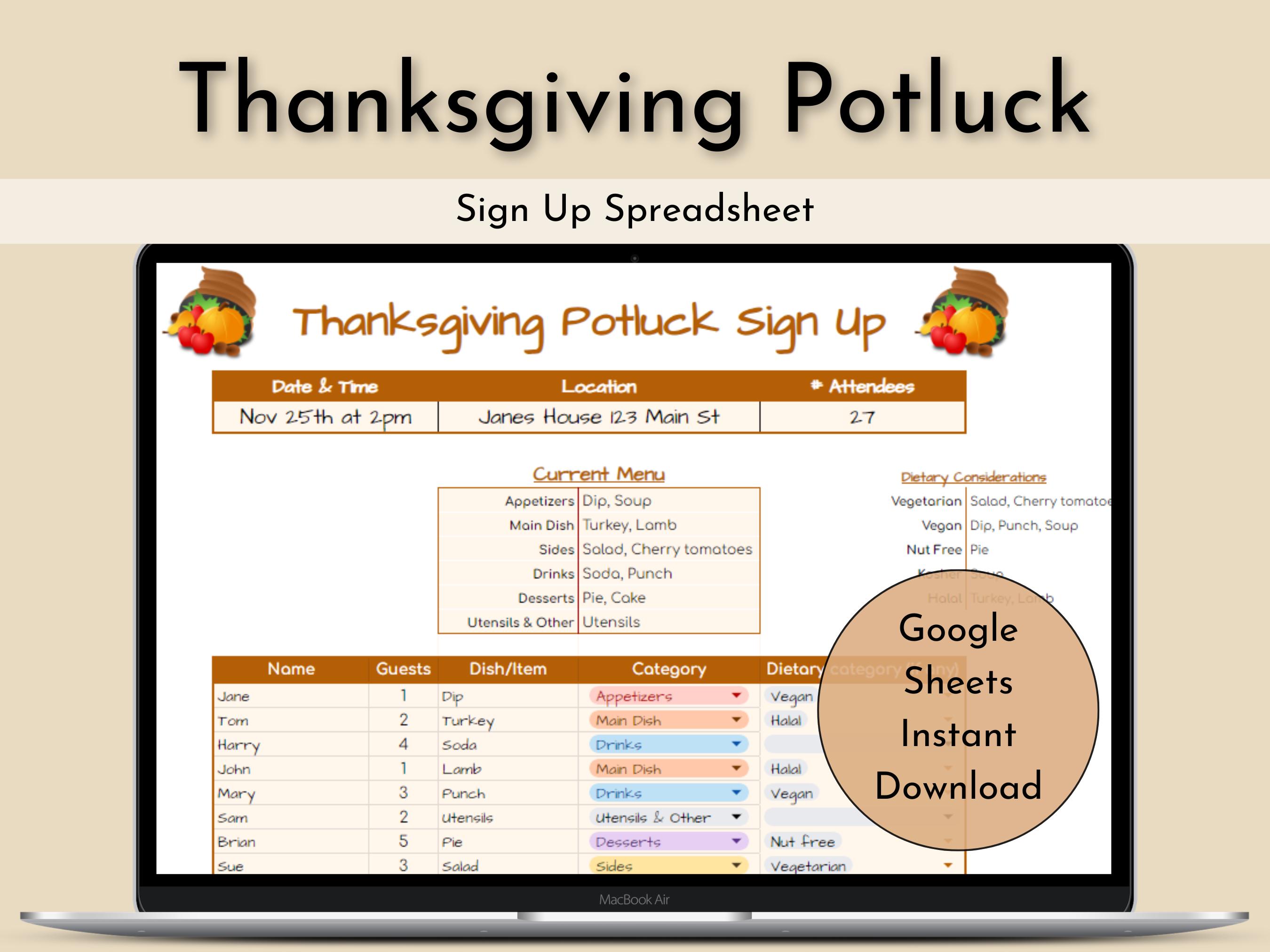 Thanksgiving Potluck Signup Spreadsheet, Google Sheets, Friendsgiving ...