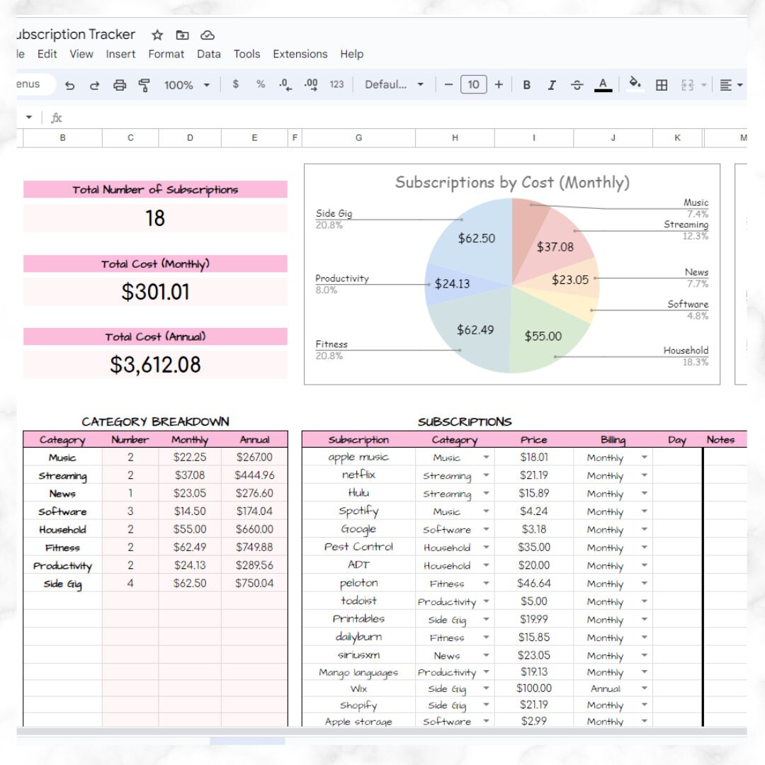 Subscription Tracker Spreadsheet Bill Tracker Template - Etsy