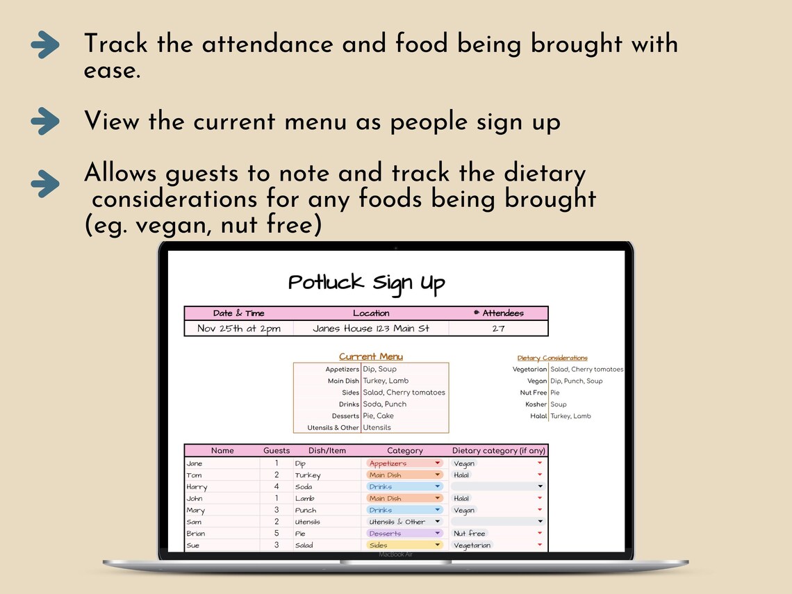 Potluck Sign-up Spreadsheet, Thanksgiving Planner (google Sheets ...